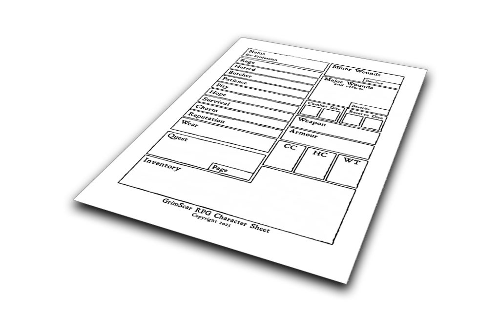 Grimscar RPG - Laminated Character Sheet | Crow Heart Roleplay Resources
